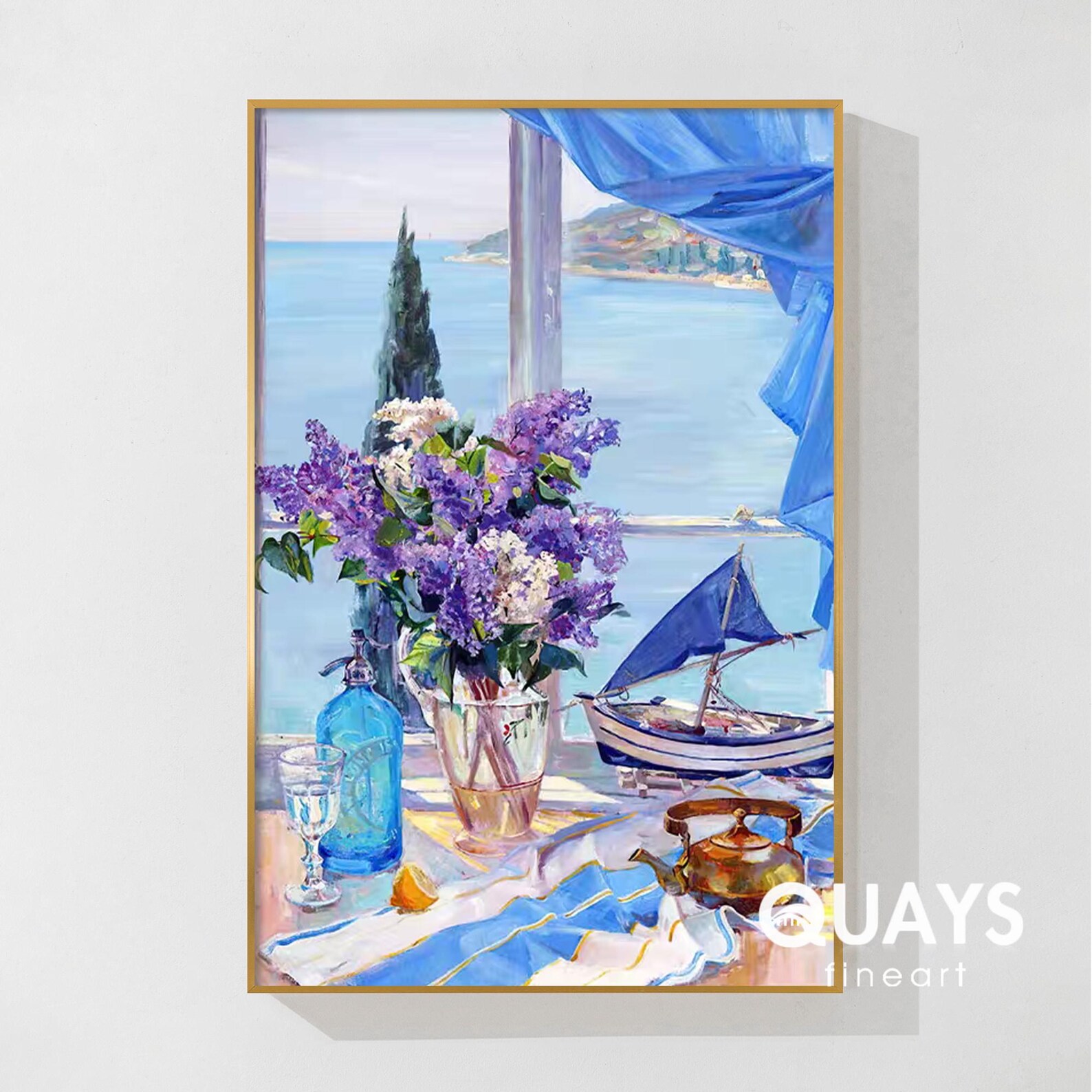Mediterranean Purple Flower Window Oil Painting Open Window With Blue ...