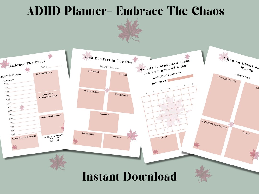 ADHD Planner Printable/ Embrace the Chaos/ Pink Fall Leaves/ Mom ...