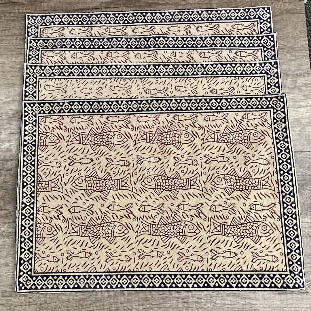 Primitive Fish Linen Placemats Folk Art 18 X 13 Lake Cabin Ocean - Set ...