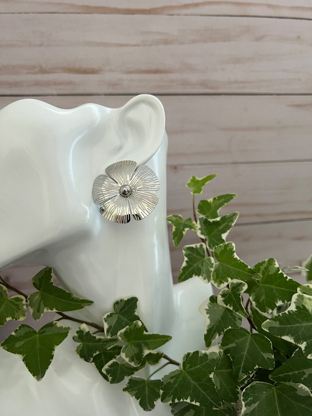 Silver Flower Stud Earrings for Women, Large Textured Silver Studs, Statement Stud Earrings ...