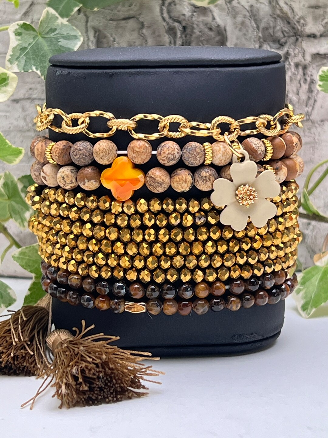 Boho Chic Stacked Bracelet Set: Brown, Gold Beads & Natural Coral - Etsy