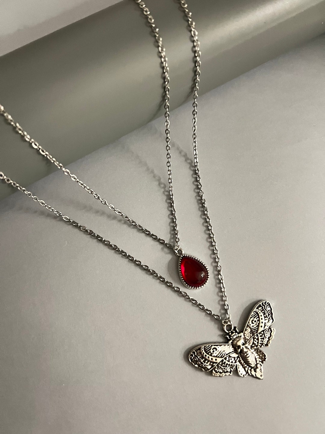 Silver Moth Edgy Layered Necklace, Stylish Boho Goth Moth Silver ...