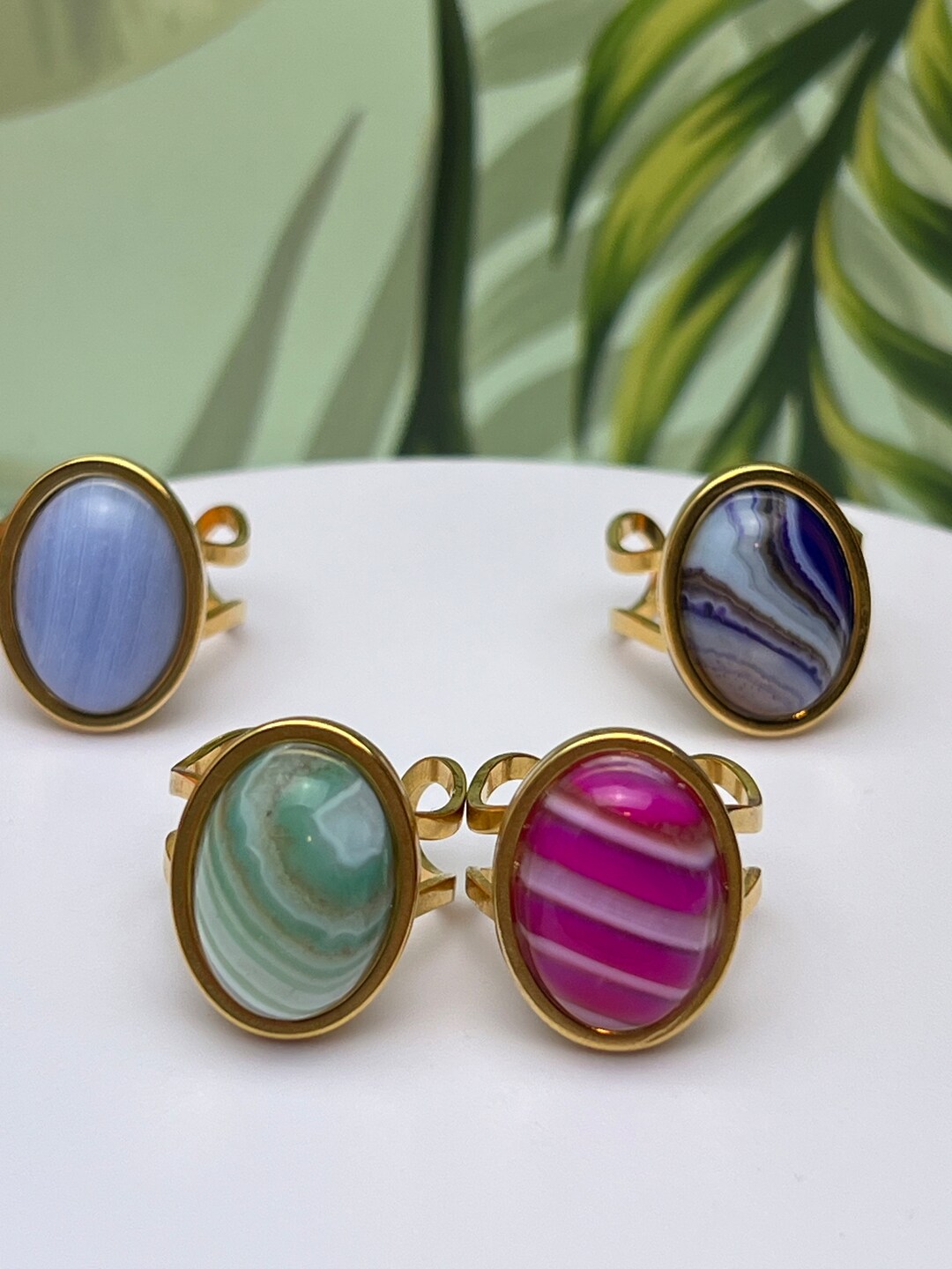 Stripped Agate Oval Statement Rings, Pop-of-color Boho Chic Rings, Trendy Artsy Hippie Chic ...