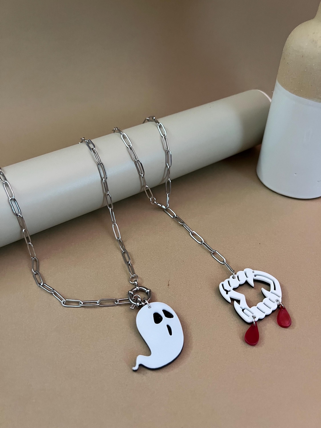 Whimsigoth Ghost & Vampire Fang Necklace: Handmade Spooky Jewelry - Etsy