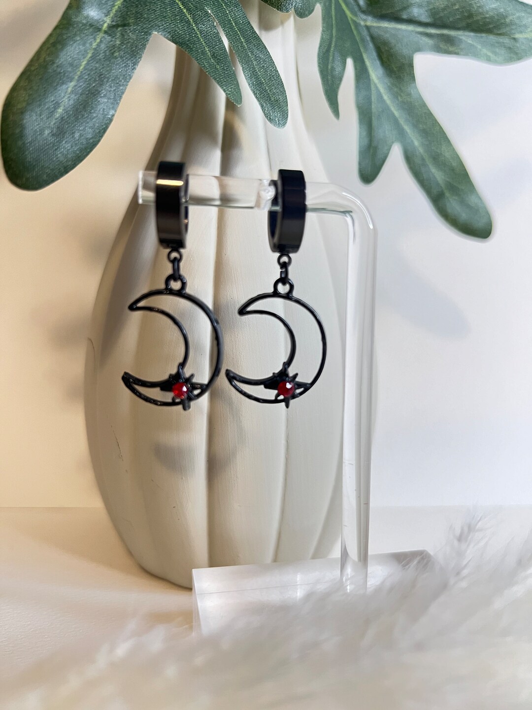 Black Edgy Pendant Hoop Earrings, Classic Goth Earrings, Dainty Black ...