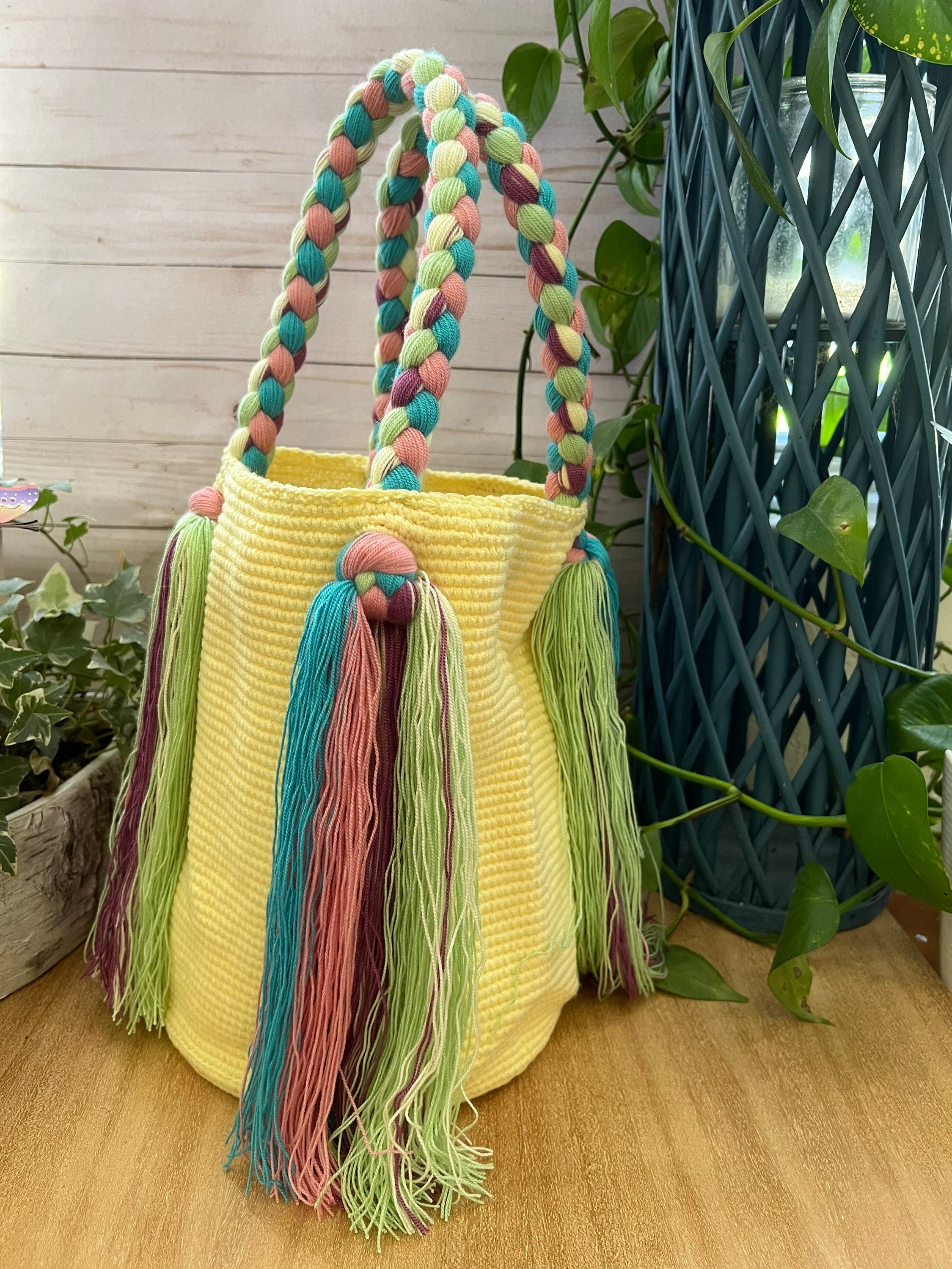 Cute Pastel Light Yellow Top Handle Bag, Wayuu Handwoven Shoulder Bag ...