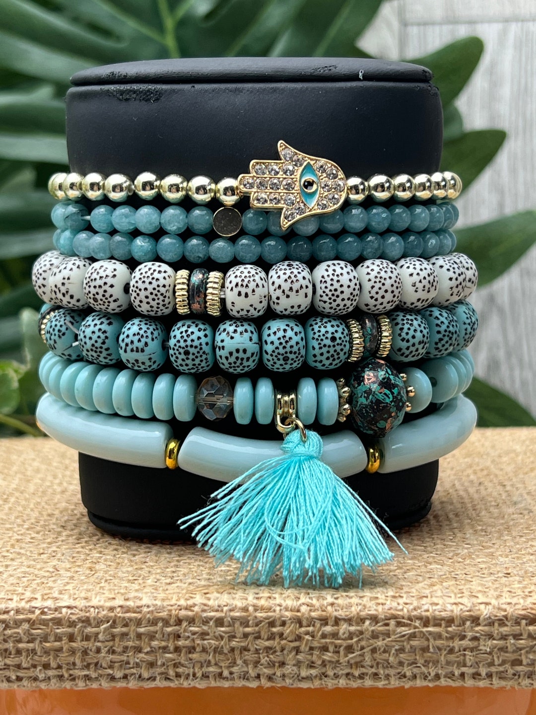 Blue Boho Chic Bead Bracelet Set, Trendy Stylish Stacked Bracelets, Hippie Chic Stackable ...