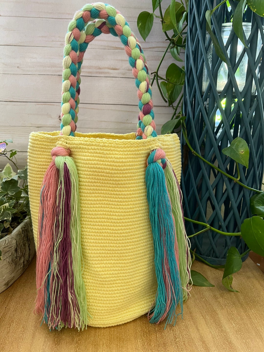 Cute Pastel Light Yellow Top Handle Bag, Wayuu Handwoven Shoulder Bag ...