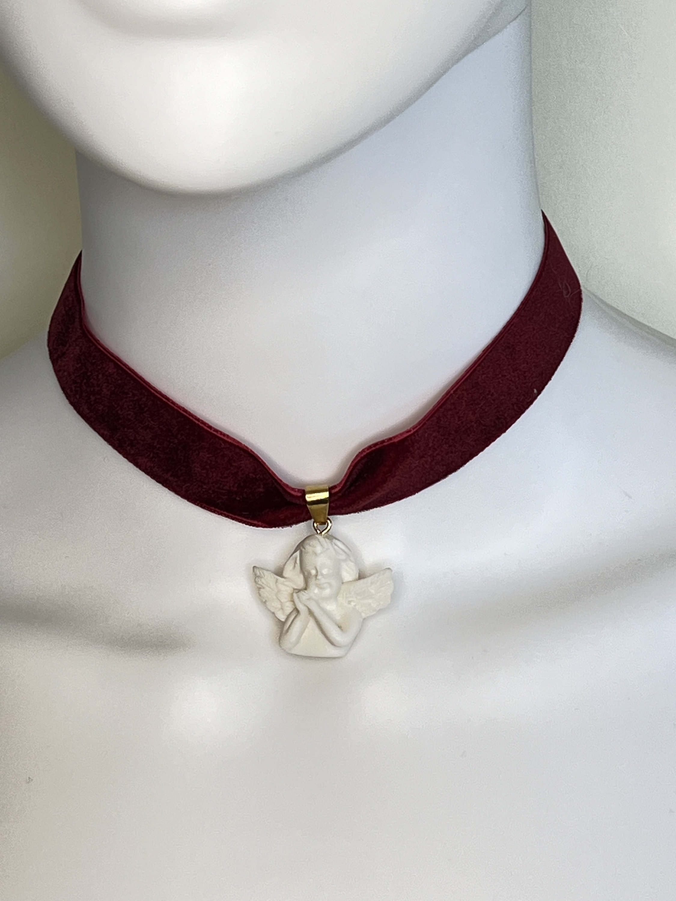 Victorian Velvet Choker: Angel Pendant, Stainless Steel - Red, White ...