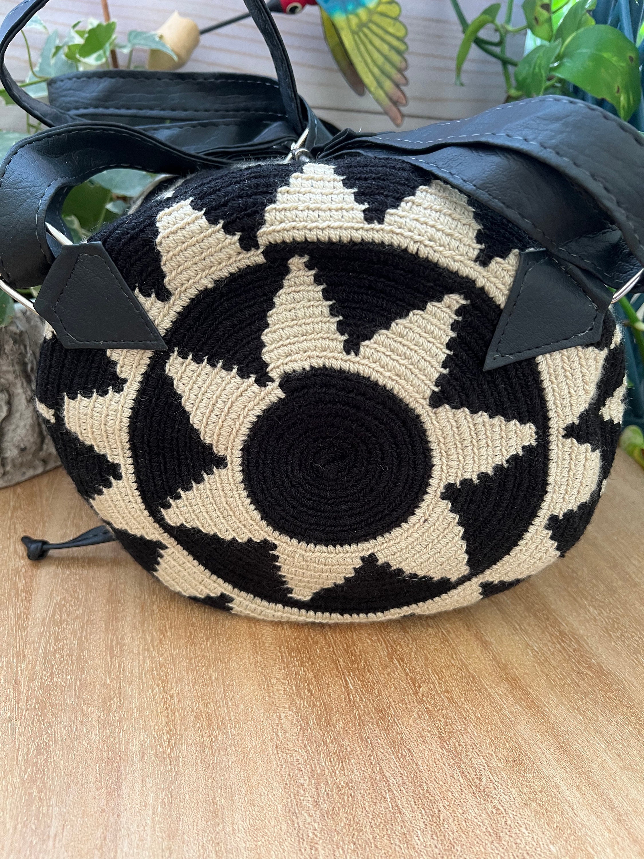 Classic Black & White Geometric Pattern Handwoven Backpack for Women ...