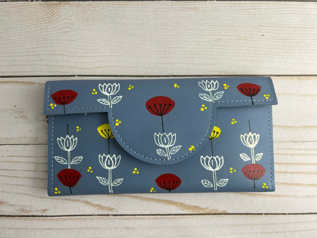 Floral Wallet, Boho Large Wallet, Blue Flower Wallet, Hand Painted ...