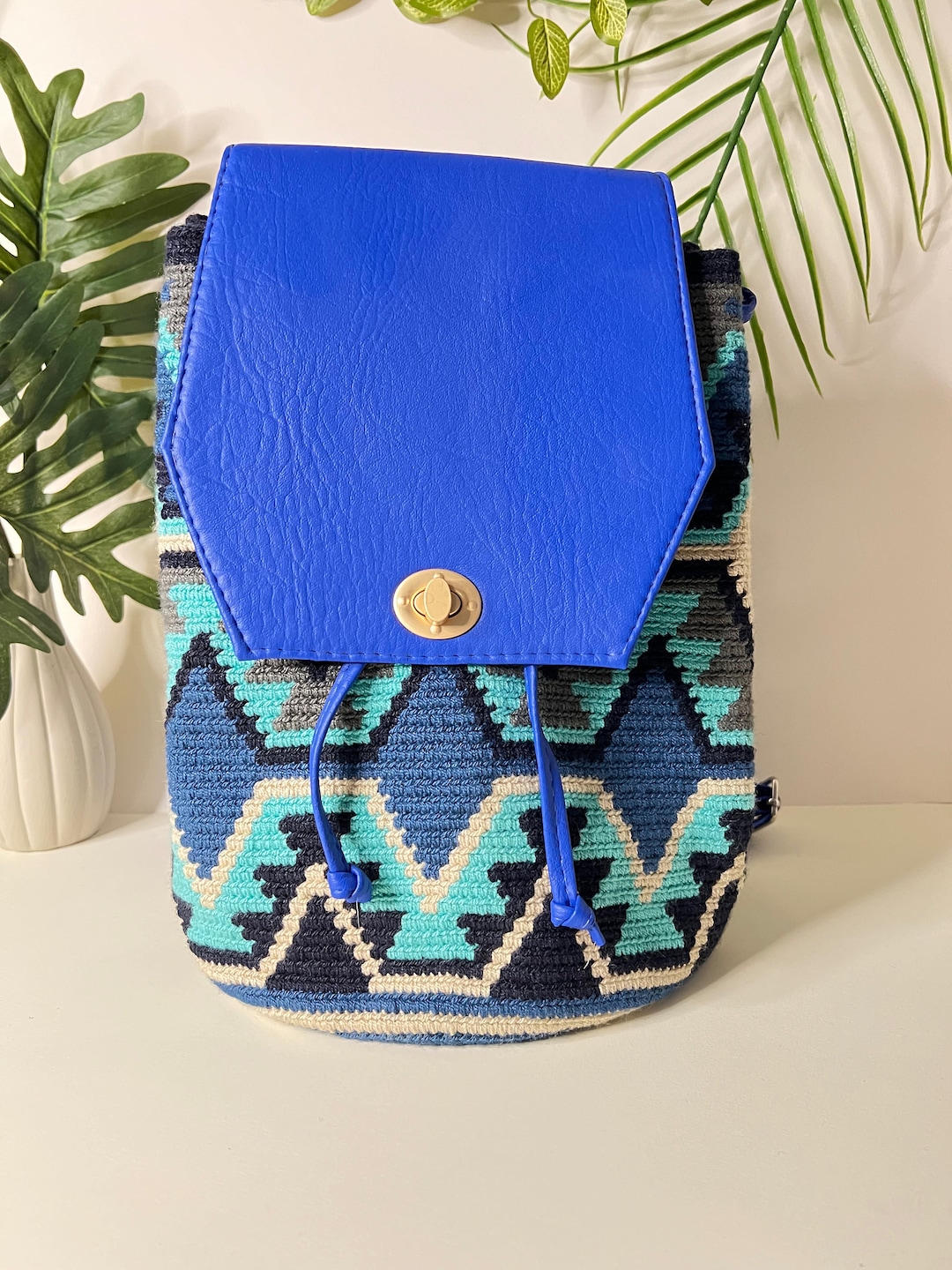 Artsy Blue Handwoven Backpack for Women, Bohemian Wayuu Geometric ...