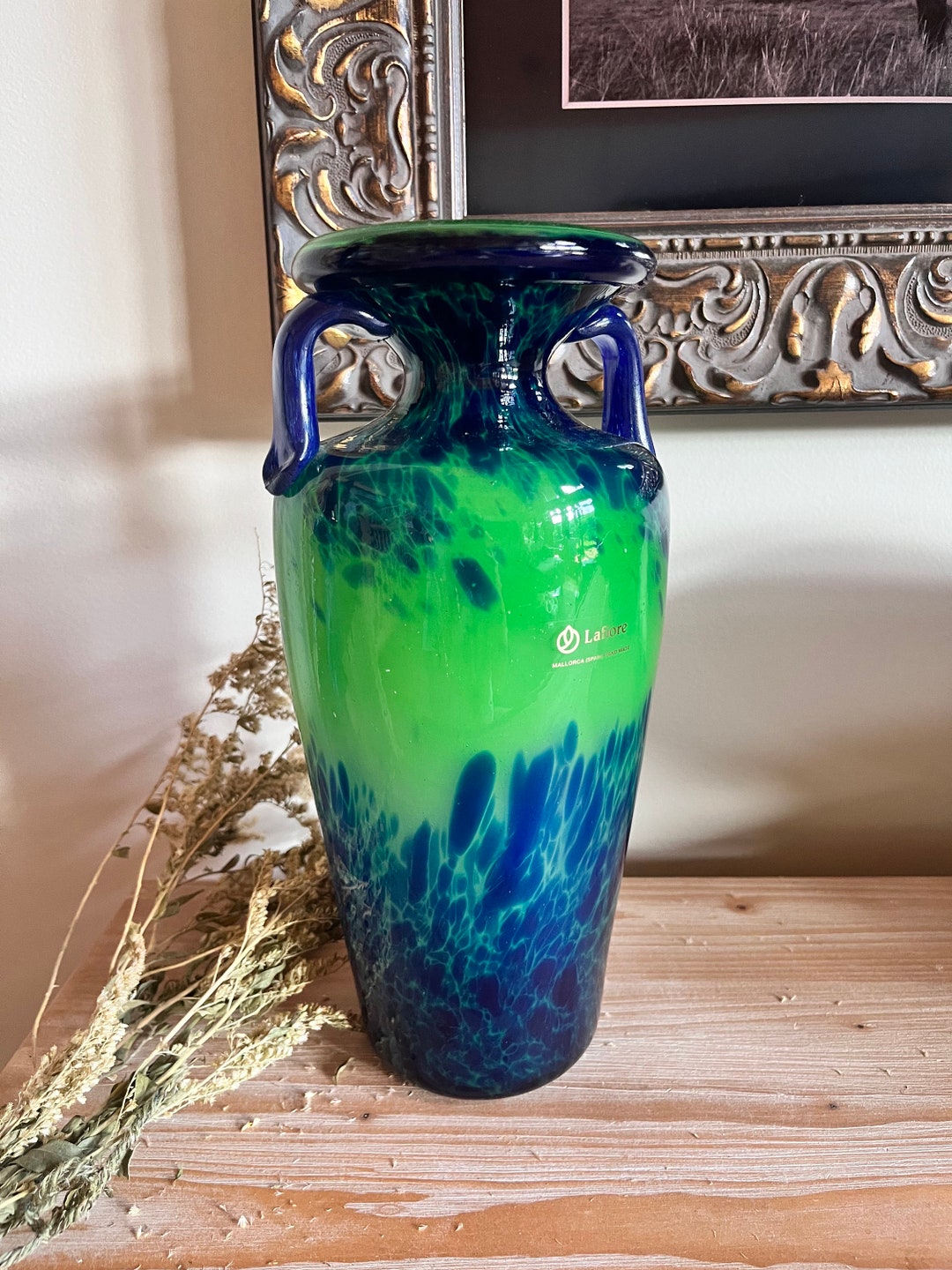 Handmade Glass Vase by Lafiore in Spain Green and Blue Hand Blown Glass ...