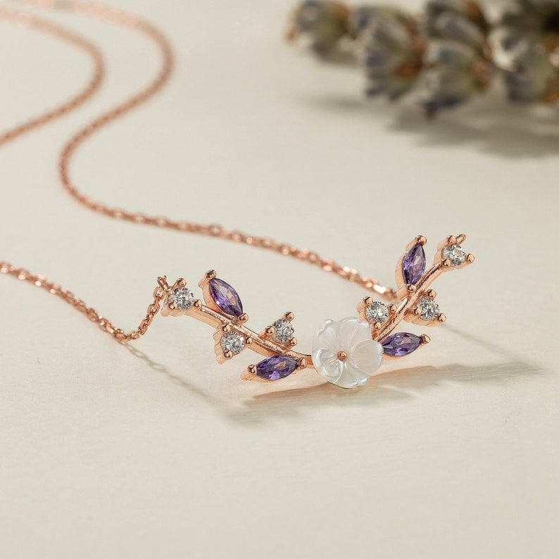 Ametyst Stone Magnolia Necklace, Magnolia Pendant, 925 Silver, Silver ...