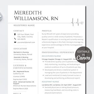 Nurse Resume Template Editable Nursing Resume Printable - Etsy