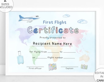 First Flight Certificate for Kids, Editable Toddler's First Flight ...