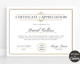 Editable Certificate of Appreciation Template, Printable Appreciation ...