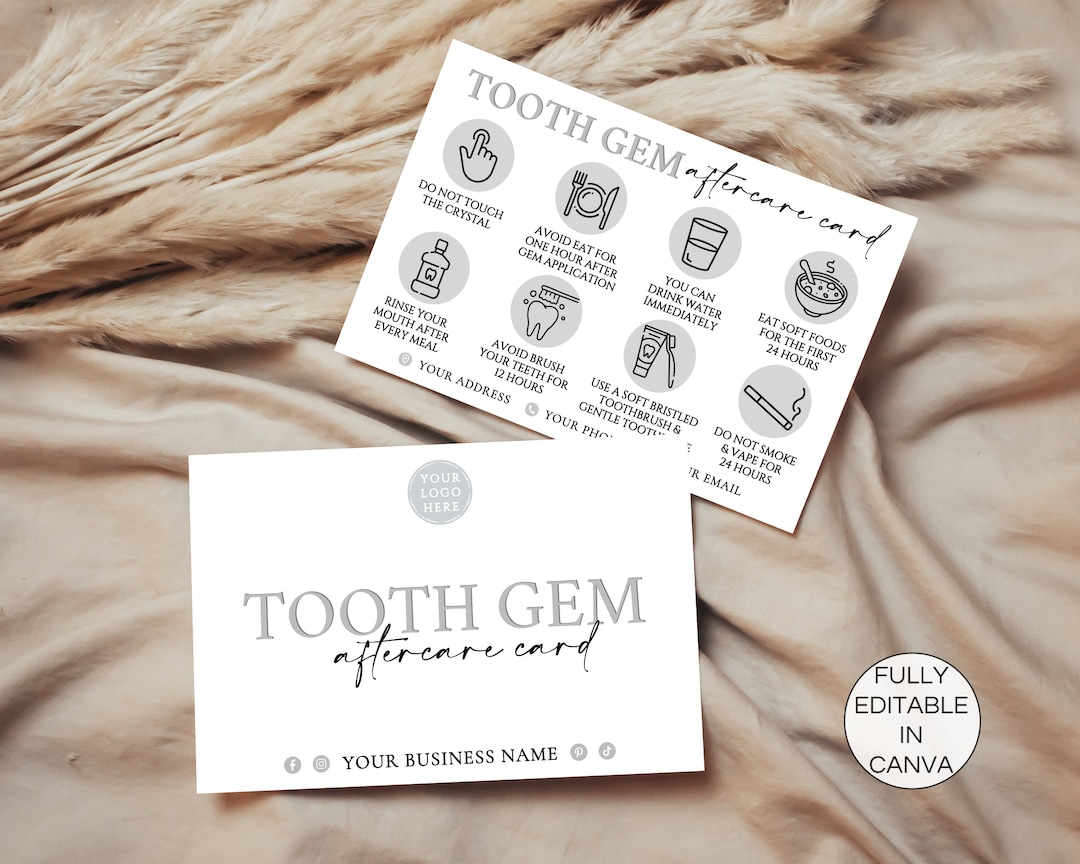 Tooth Gem Aftercare Card, Editable Teeth Crystals Post Care Guide ...