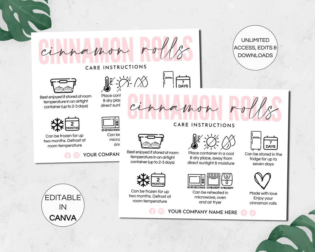 Cinnamon Rolls Care Card Template, Editable Cinnamon Buns Care ...