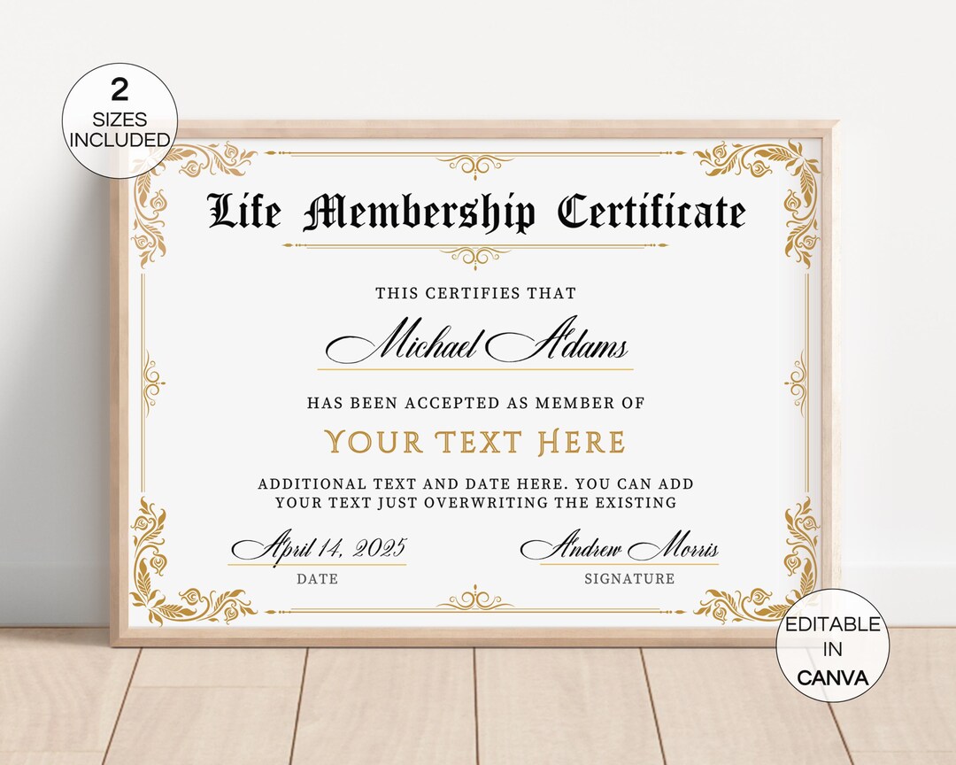 Editable Certificate of Life Membership, Printable Life Membership ...
