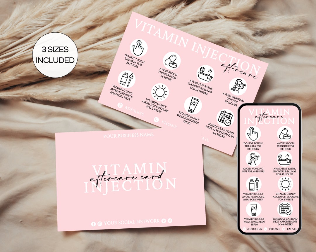 Vitamin Injection Aftercare Cards, Editable Vitamin C D3 B12 Injection ...