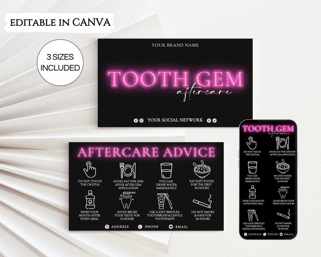 Tooth Gem Aftercare Card, Printable Teeth Crystals Post Care Guide ...