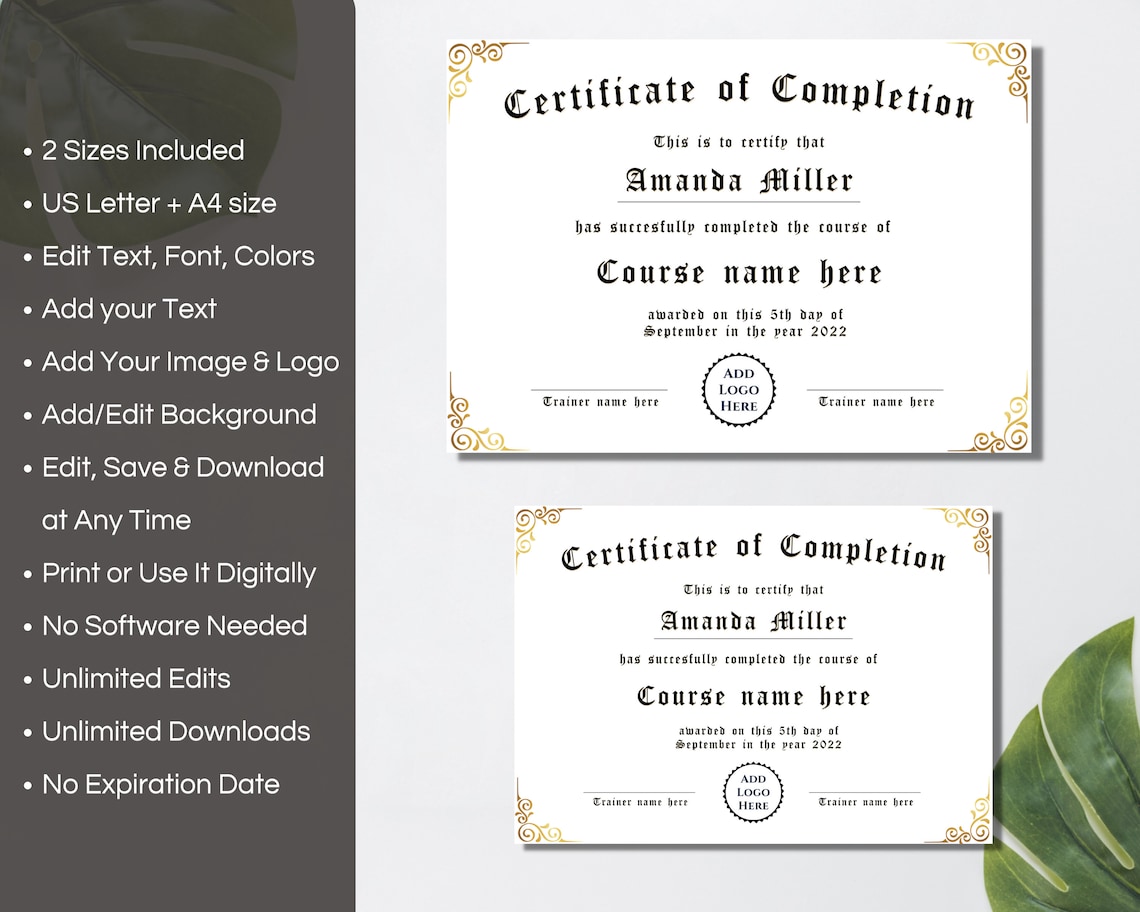 Editable Certificate of Completion Template Gold Certificate - Etsy