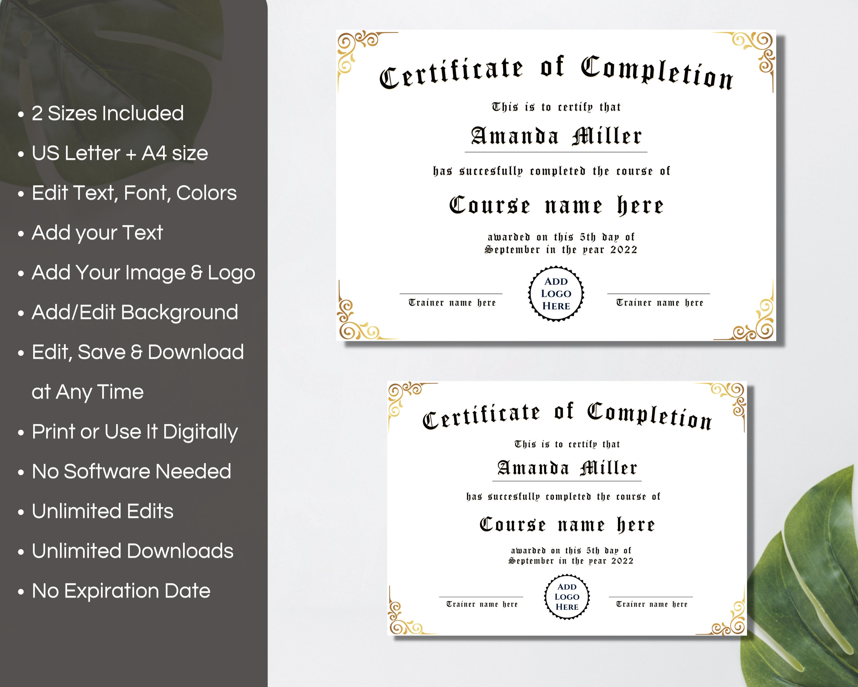Editable Certificate of Completion Template Gold Certificate - Etsy