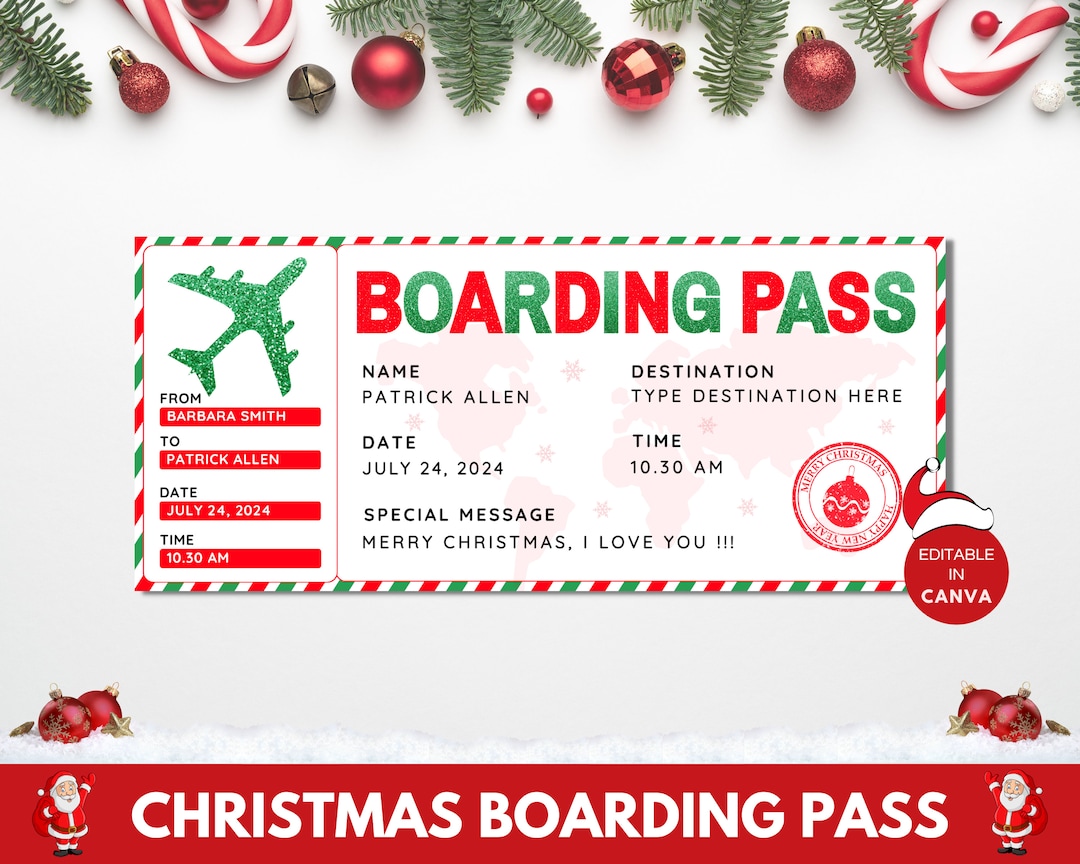 Christmas Boarding Pass Template, Editable Christmas Plane Ticket ...
