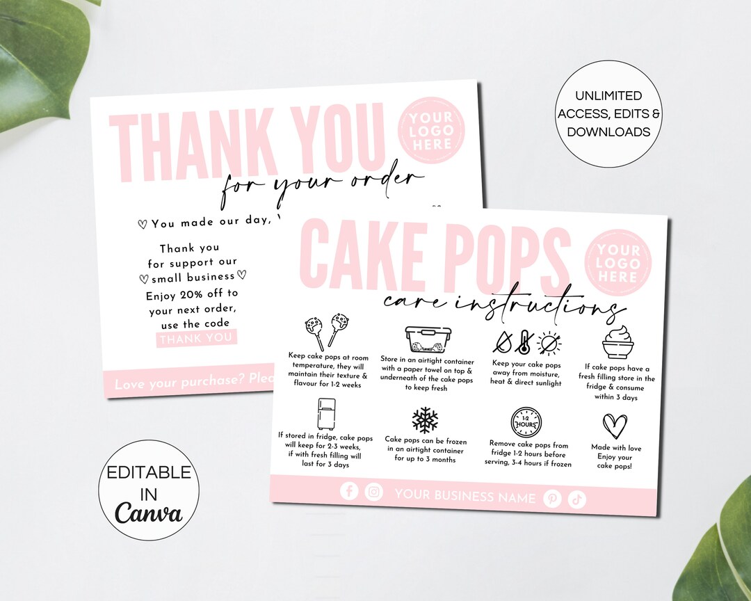 Editable Cake Pops Care Card Template, Printable Cake Pop Care Guide ...