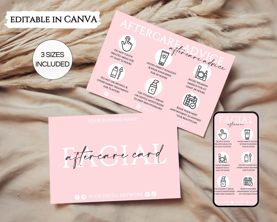 Editable Facial Aftercare Card, Facial Care Cards, Printable ...
