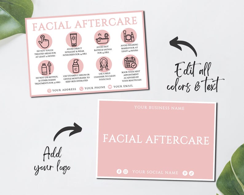 Editable Facial Aftercare Card, Facial Treatment Care Cards, Printable ...