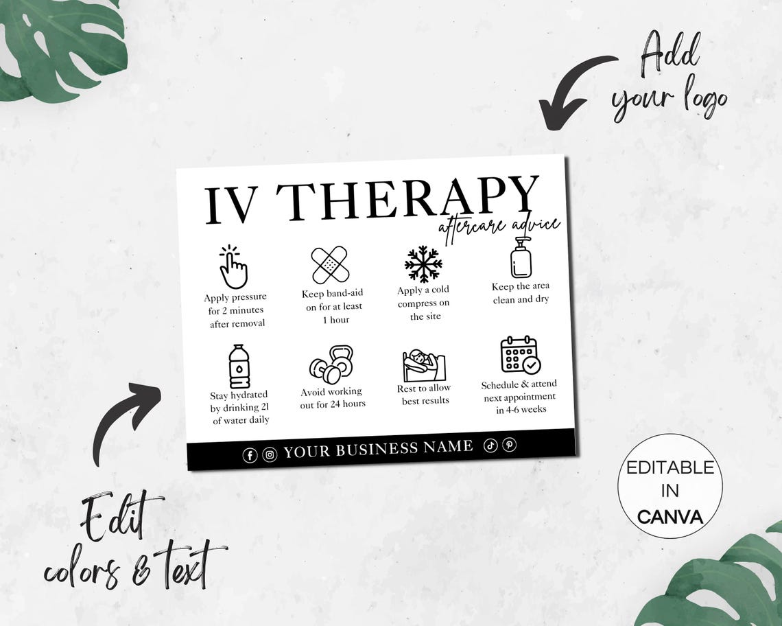 IV Therapy Aftercare Card, Editable IV Hydration Instructions, Beauty ...