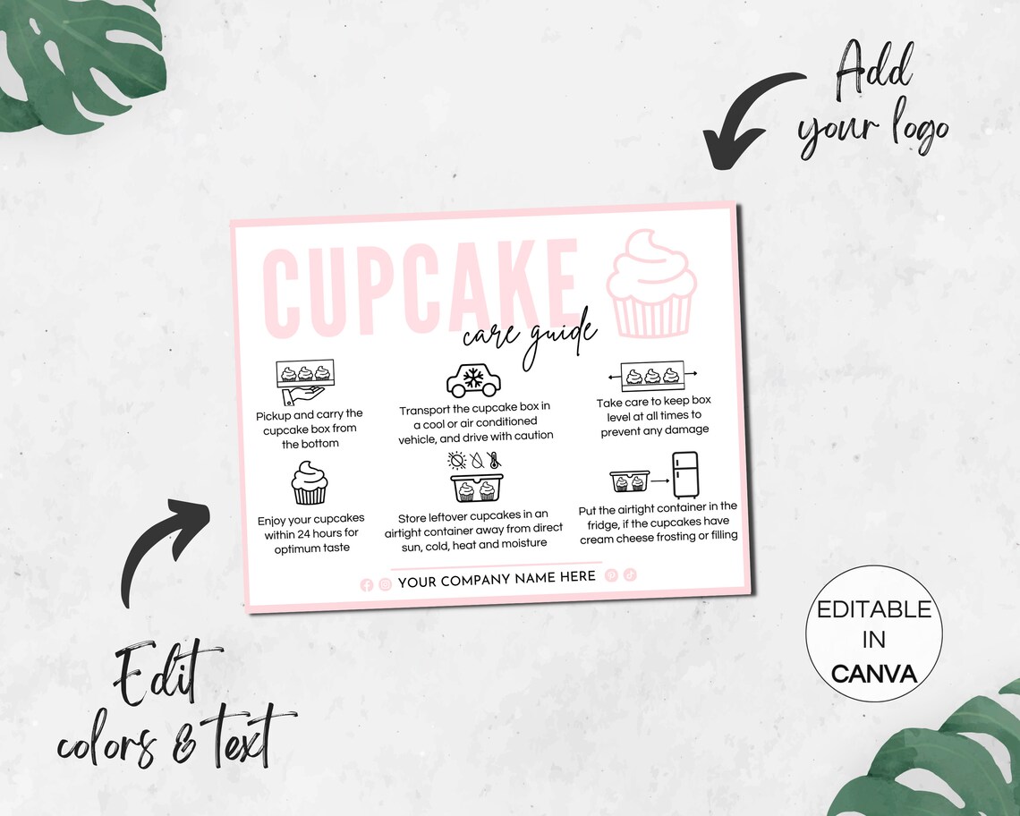 Cupcake Care Card Template, Editable Cupcake Care Instructions ...
