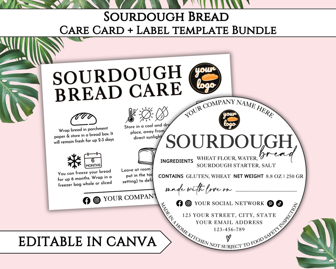 Sourdough Bread Cottage Food Label, Editable Sourdough Breads Care Card ...