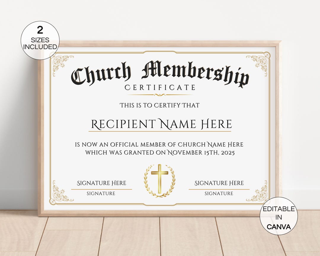 Editable Church Membership Certificate Template, Printable Certificate ...