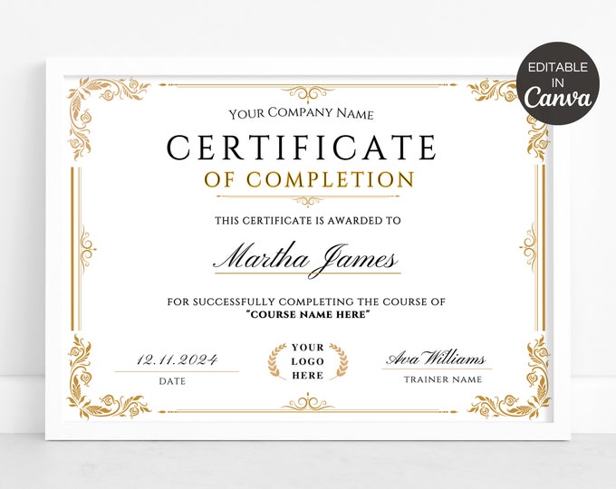 Editable Certificate of Completion Template, Printable Graduation ...