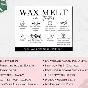 Wax Melt Care Card Template, Editable Wax Instructions Cards, Edit in ...