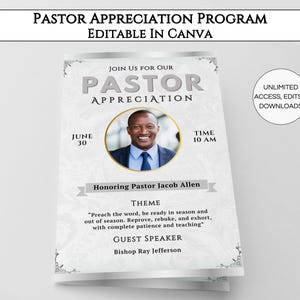 Pastor Appreciation Program Template, Editable Pastor Installation ...