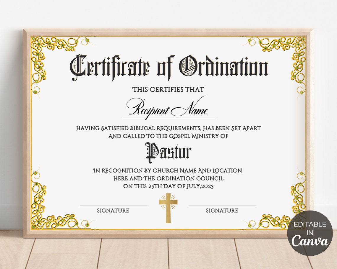 Pastor Ordination Certificate Template, Editable Certificate of ...