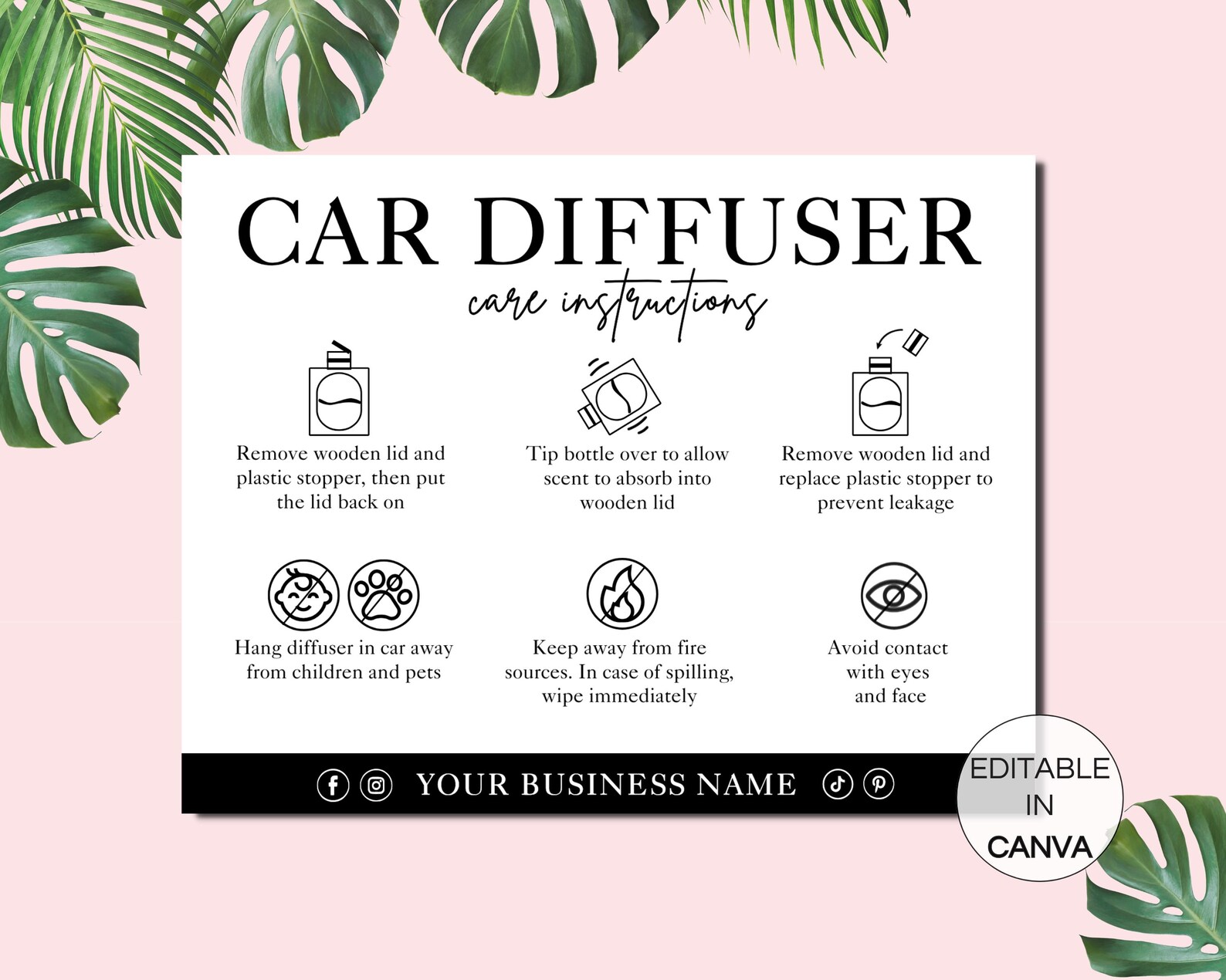 Car Diffuser Care Card, Printable Diffuser Instructions Cards, Editable ...