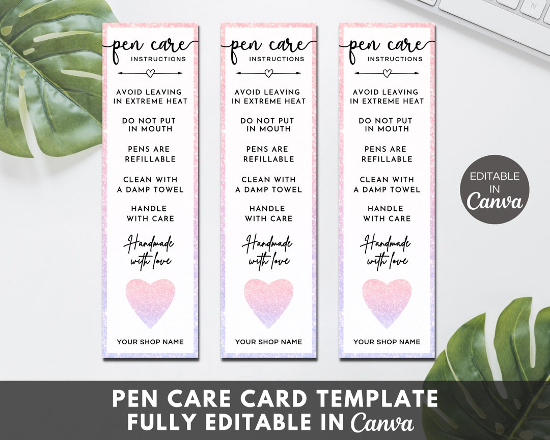 Pen Care Card Template, Editable Epoxy Pen Care Cards, Printable Gel ...