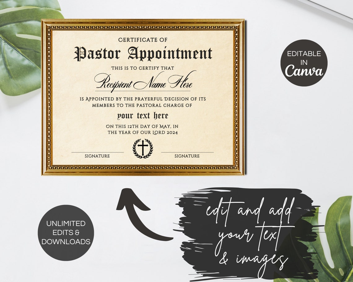 Pastor Appointment Certificate Template, Editable Certificate of ...