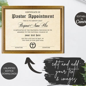 Pastor Appointment Certificate Template, Editable Certificate of ...