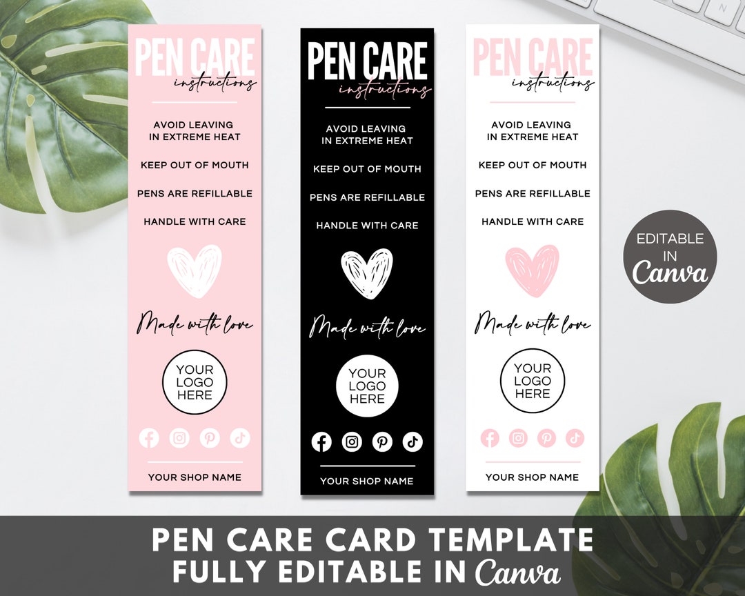 Pen Care Card, Printable Epoxy Pens Instructions Cards, Editable Gel ...