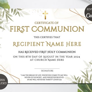 First Communion Certificate Template, Editable First Holy Communion ...