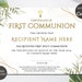 First Communion Certificate Template, Editable First Holy Communion ...