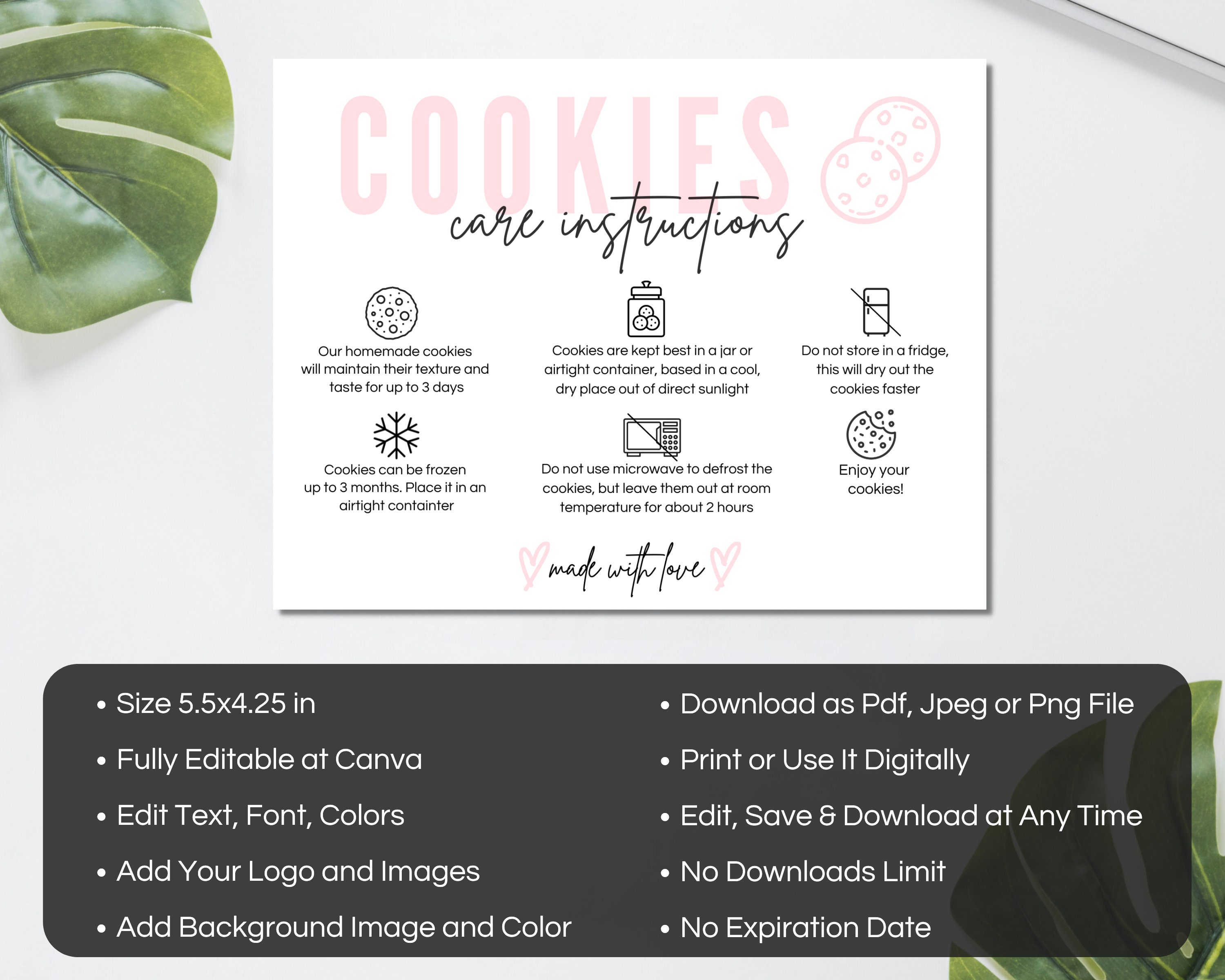 Cookie Care Card, Printable Cookies Instructions Cards Order Package ...