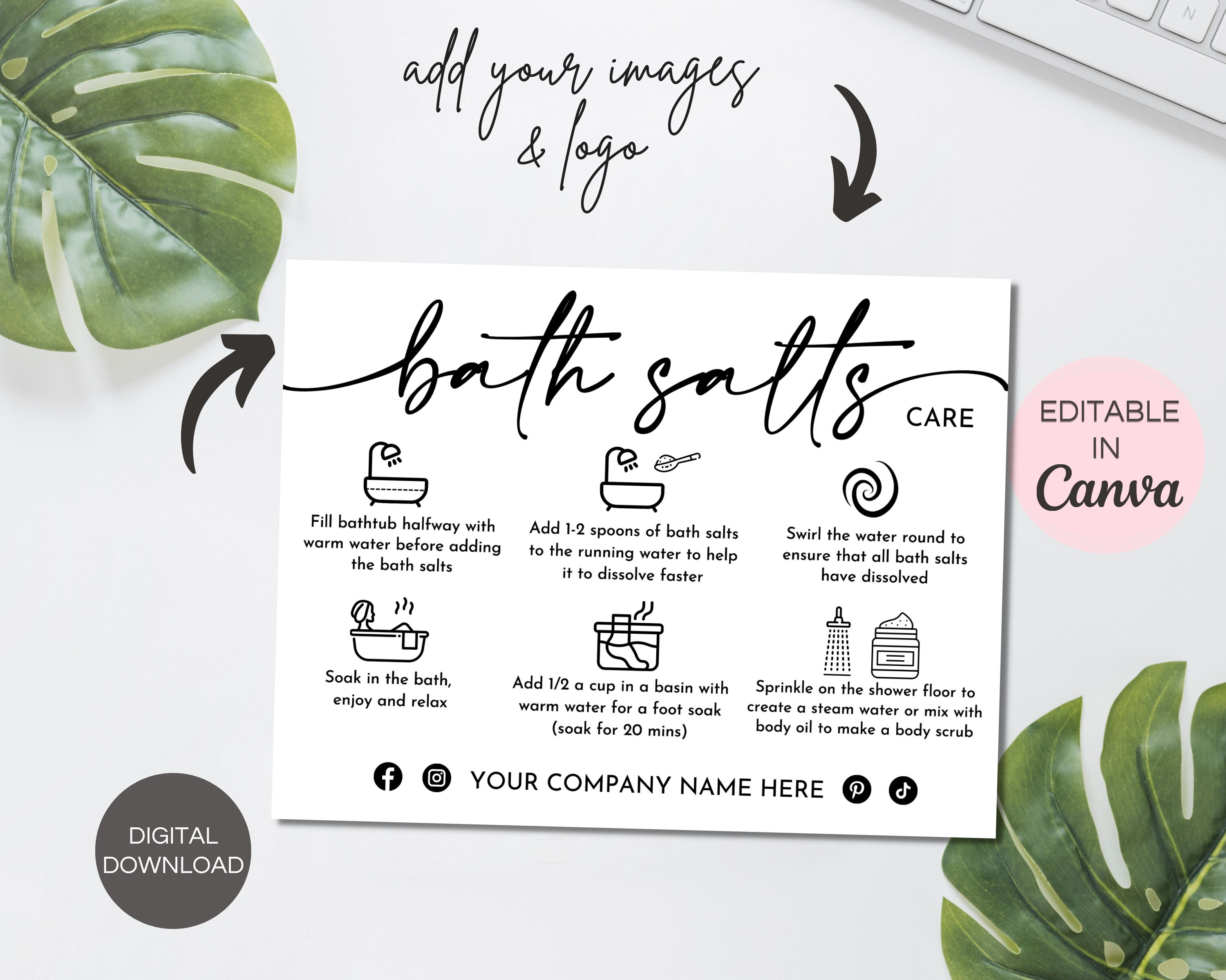 Bath Salts Care Card Template, Printable Epsom Salts Care Guide ...