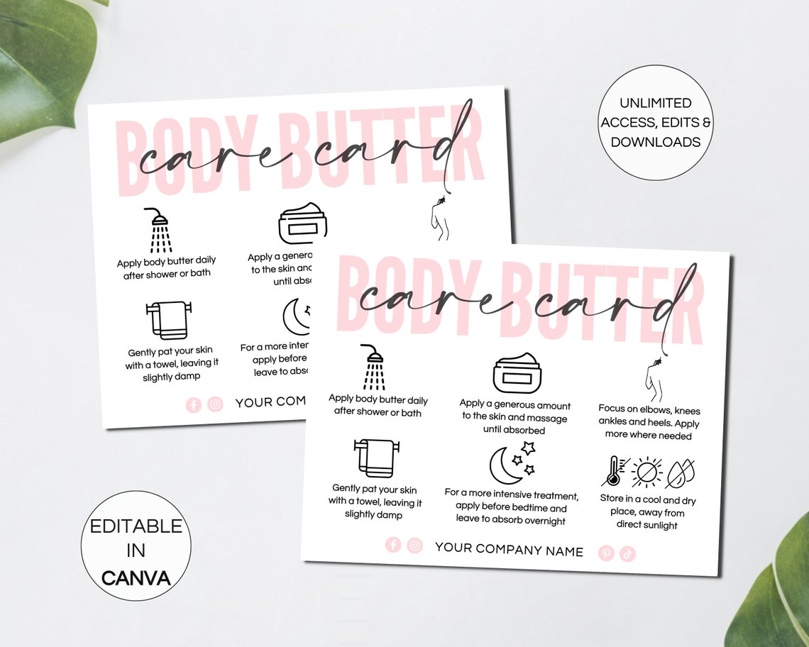Body Butter Care Card, Printable Whipped Shea Butter Instructions Cards ...